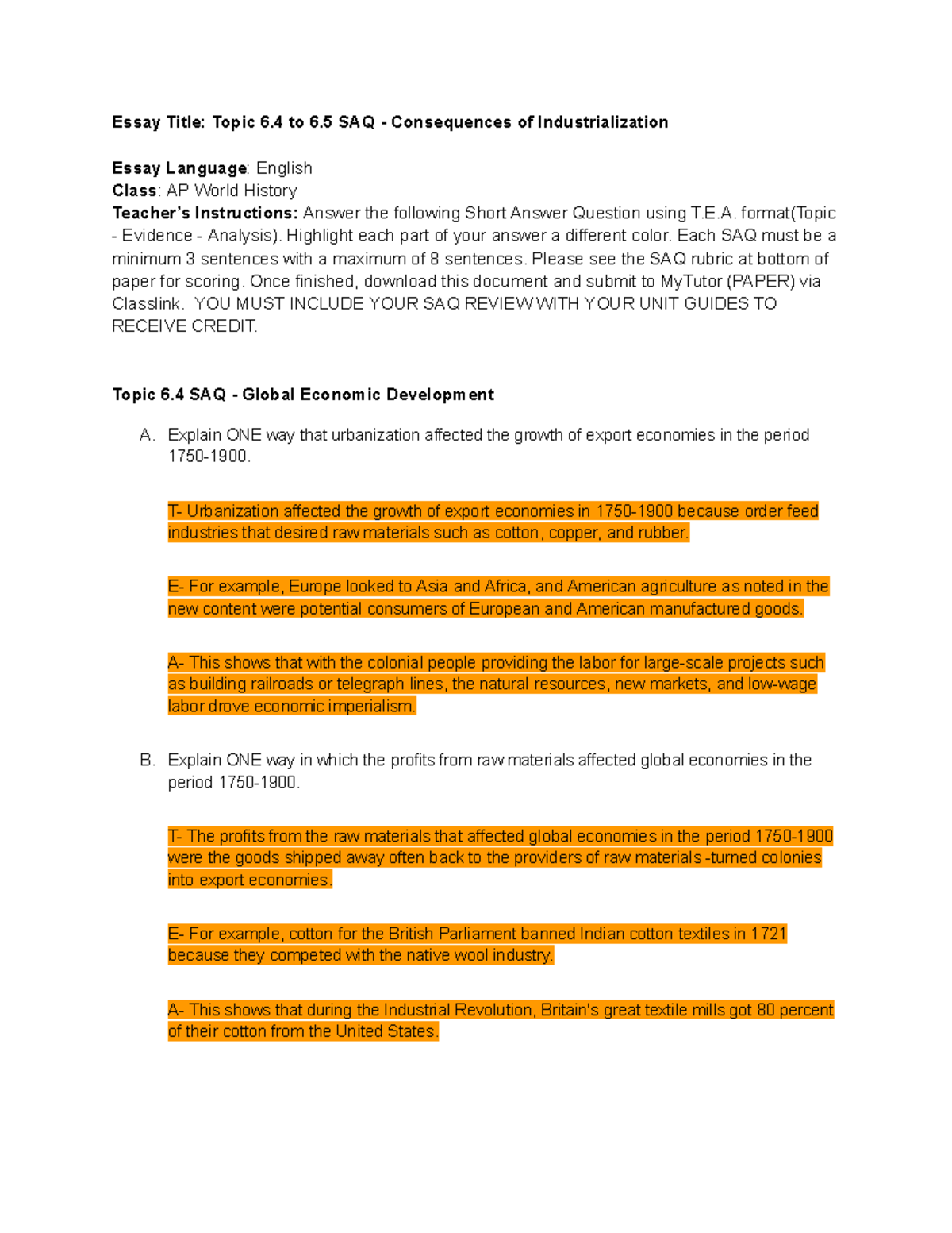 Copy of Copy of Topic 6.4 to 6.5 SAQ Draft - Essay Title: Topic 6 to 6 ...
