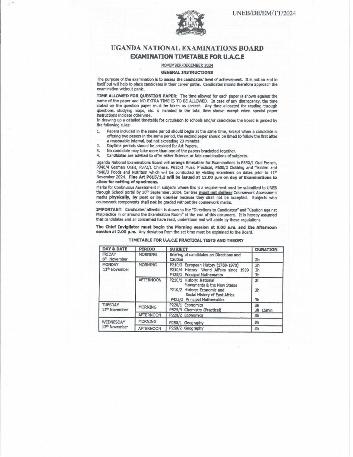 Uace 2024 timetable - Time table - UGANDA NATIONAL EXAMINATIONS BOARD ...