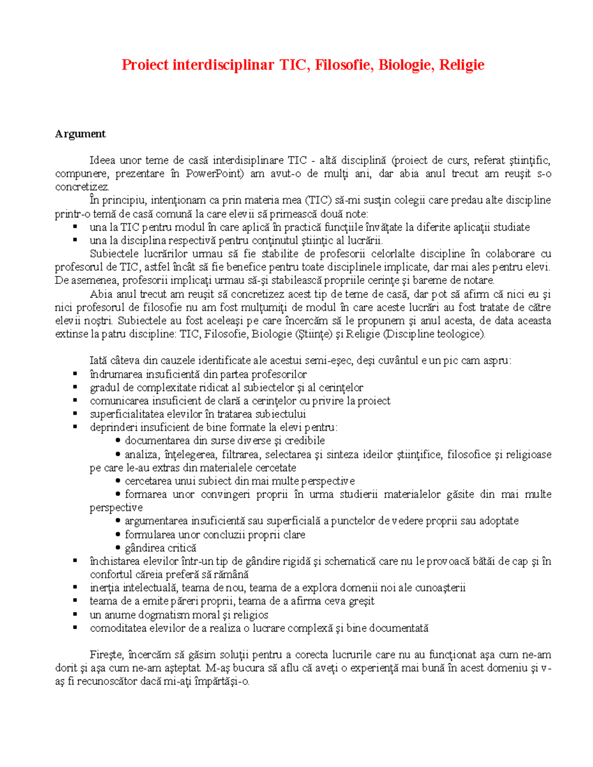 Proiecte interdisciplinare tic filosofie biologie religie - Proiect interdisciplinar TIC ...