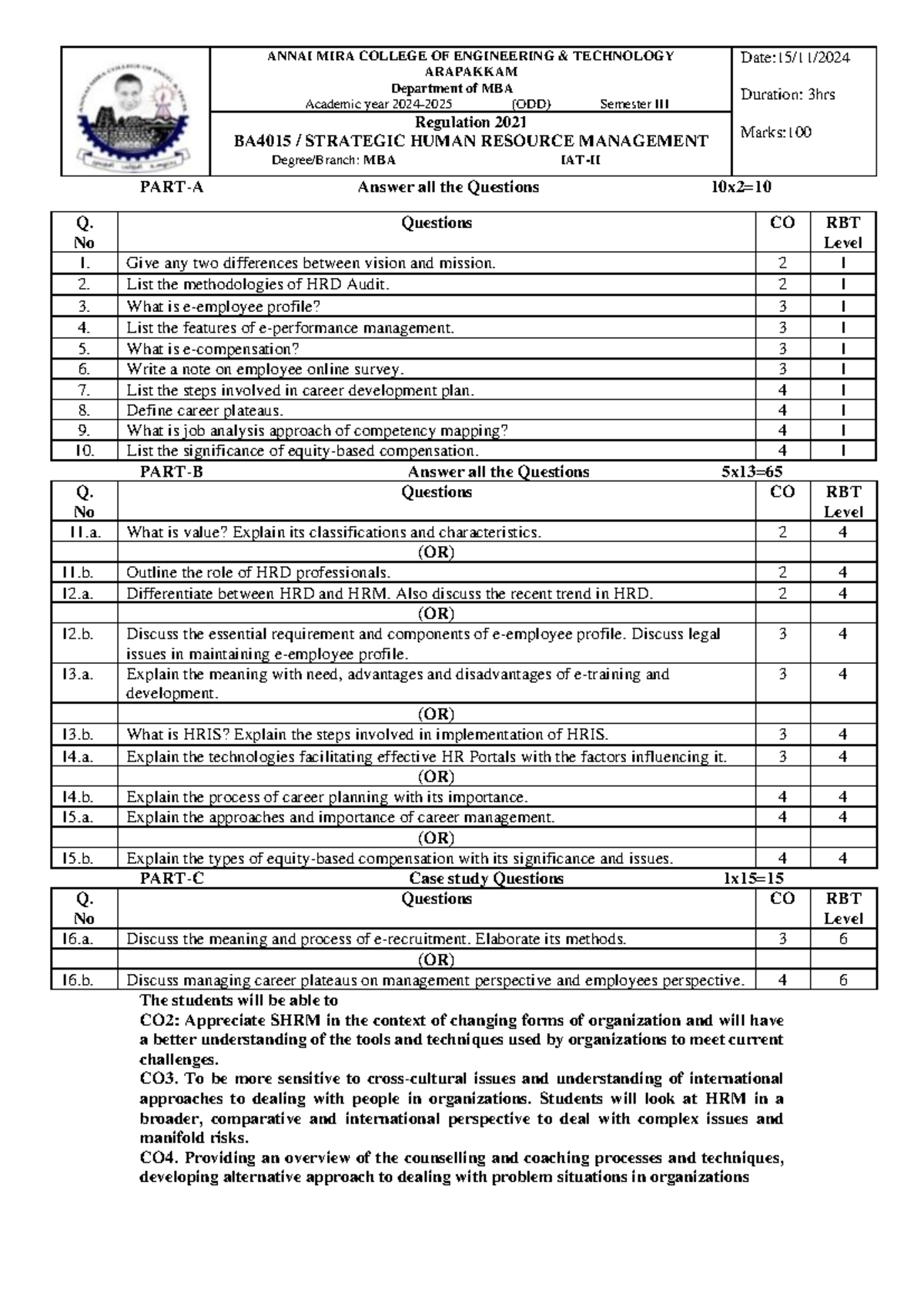 SHRM IAT II QP - strategic human resource management - PART-A Answer all the Questions 10x2= Q ...
