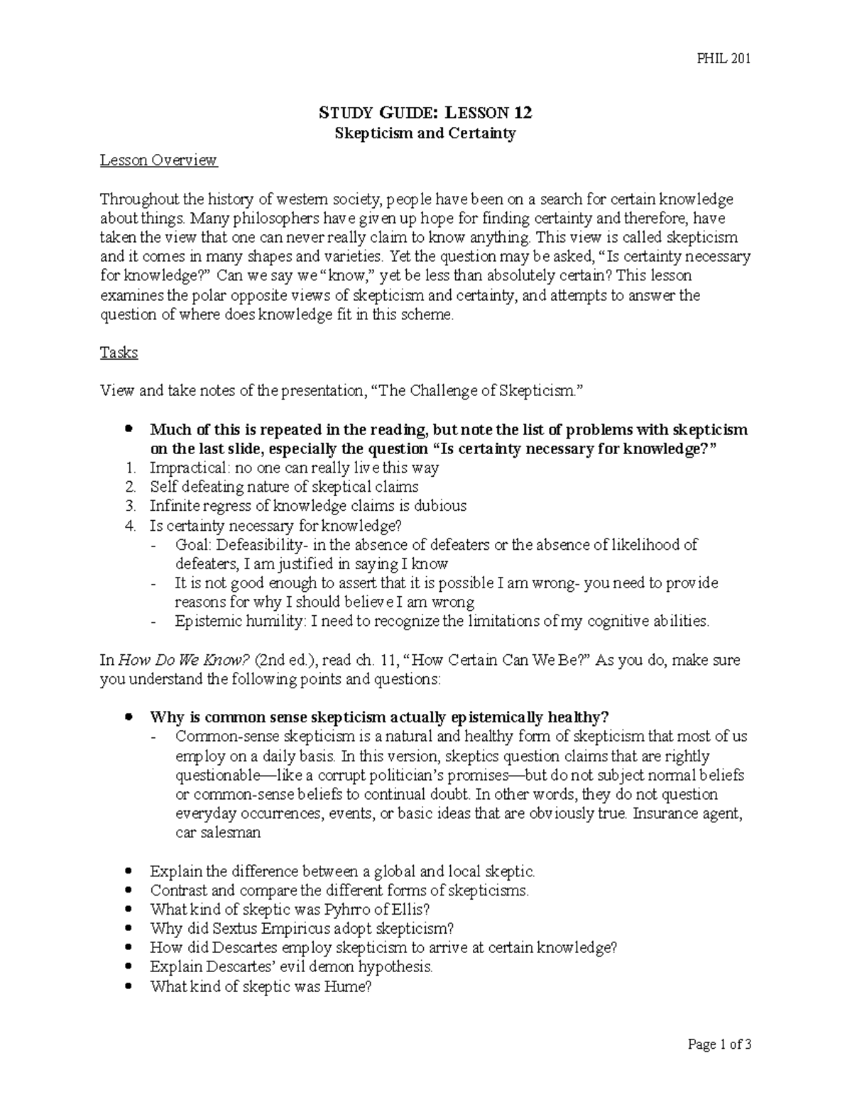 Study Guide Lesson 12 - PHIL 201 STUDY GUIDE: LESSON 12 Skepticism and ...