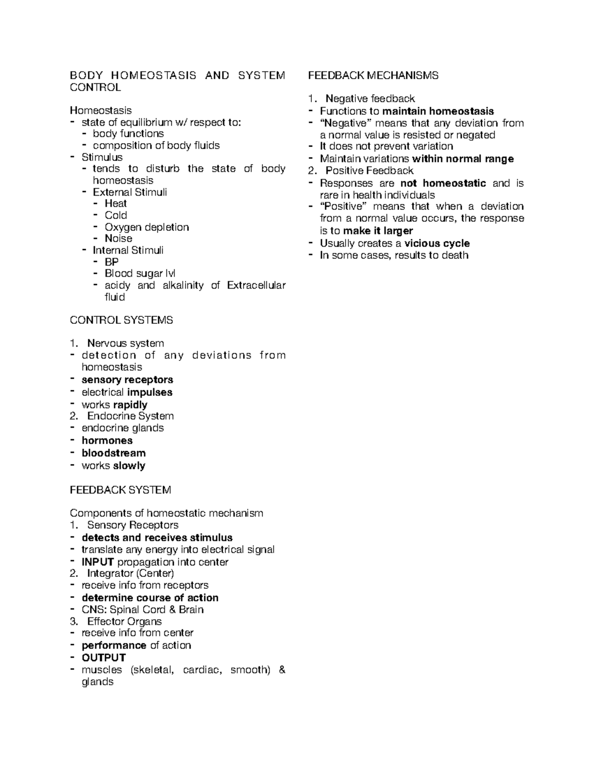 2 Homeostasis - BODY HOMEOSTASIS AND SYSTEM CONTROL Homeostasis - state ...