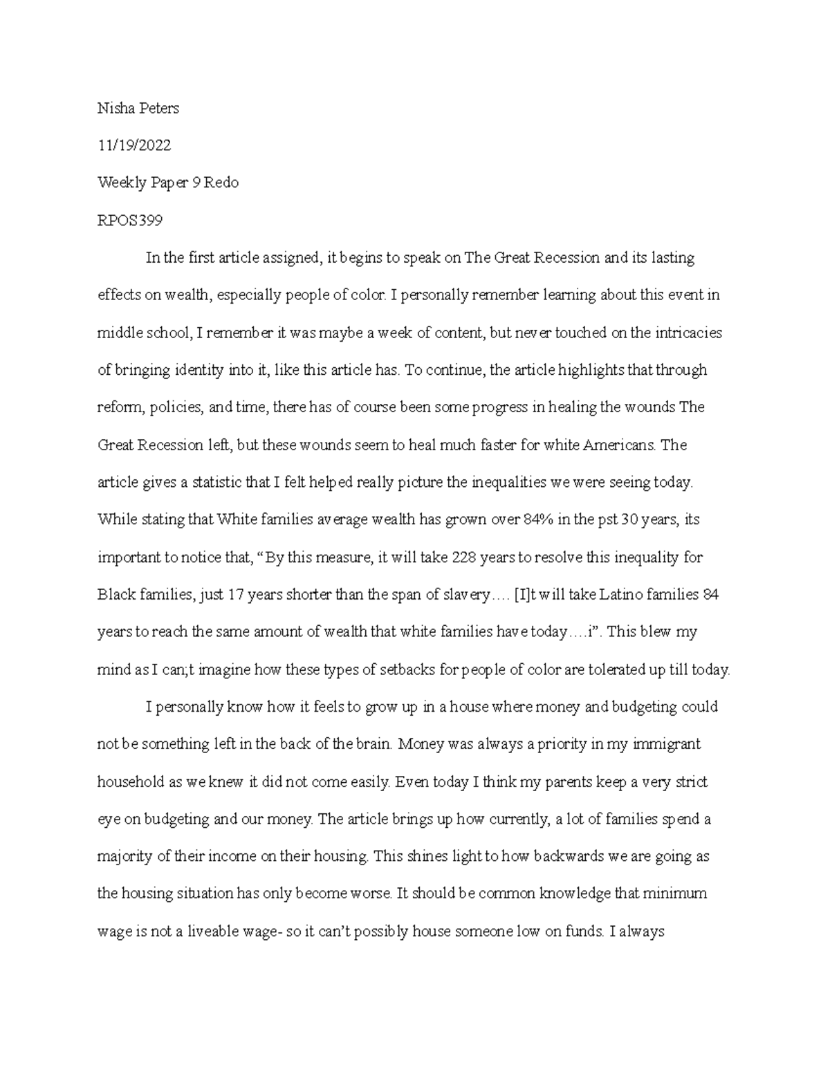 Weekly Paper 9 REDO - Nisha Peters 11/19/ Weekly Paper 9 Redo RPOS In ...