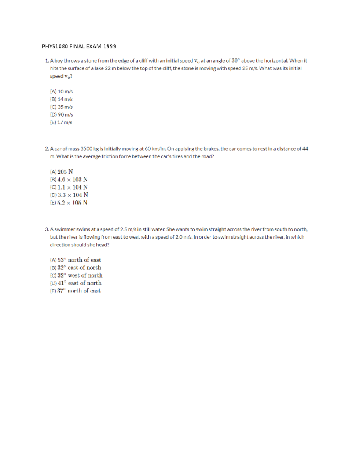 PHYS1080 Final EXAM 1999 - Phys1080 - PHYS1080 FINAL EXAM ANSWERS: - Studocu