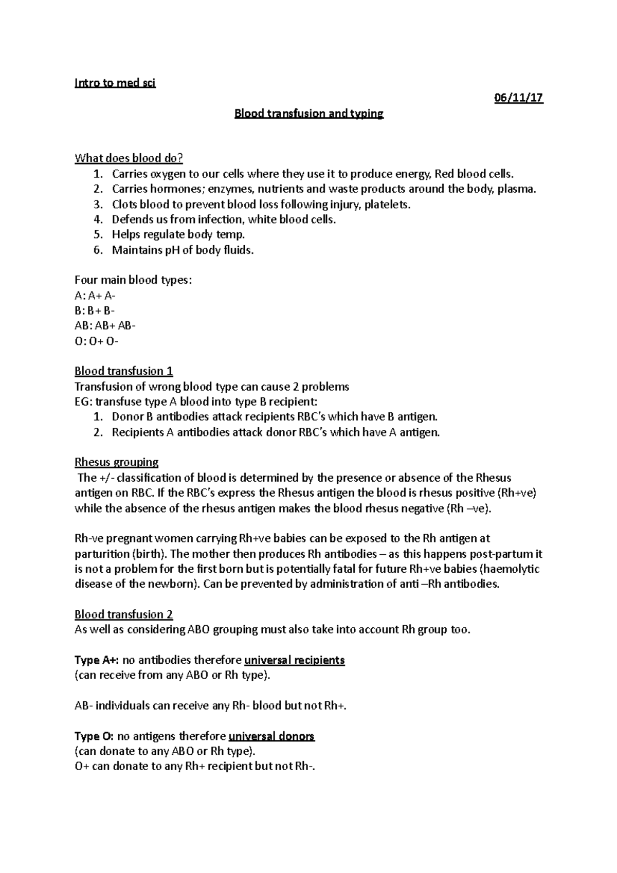 Blood transfusion and typing - Intro to med sci 06/11/17 Blood ...
