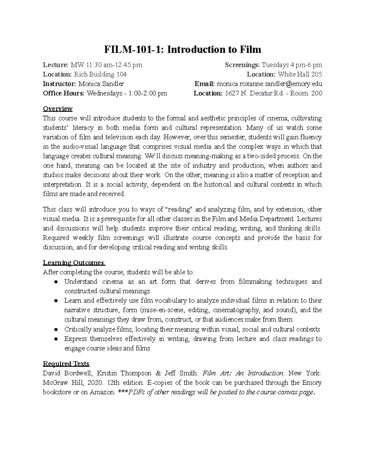 Syllabus - FILM-101-1 Introduction to Film - FILM-101-1: Introduction ...