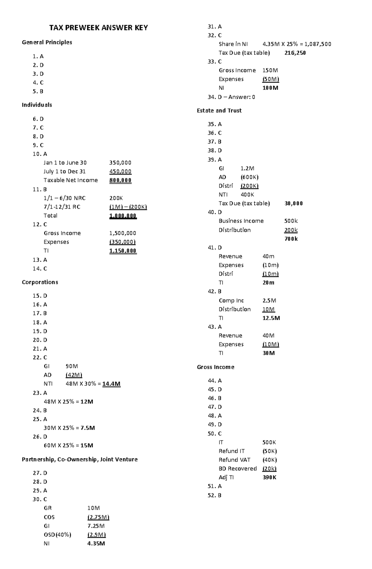 TAX Preweek Answer KEY - cpar - TAX PREWEEK ANSWER KEY General ...