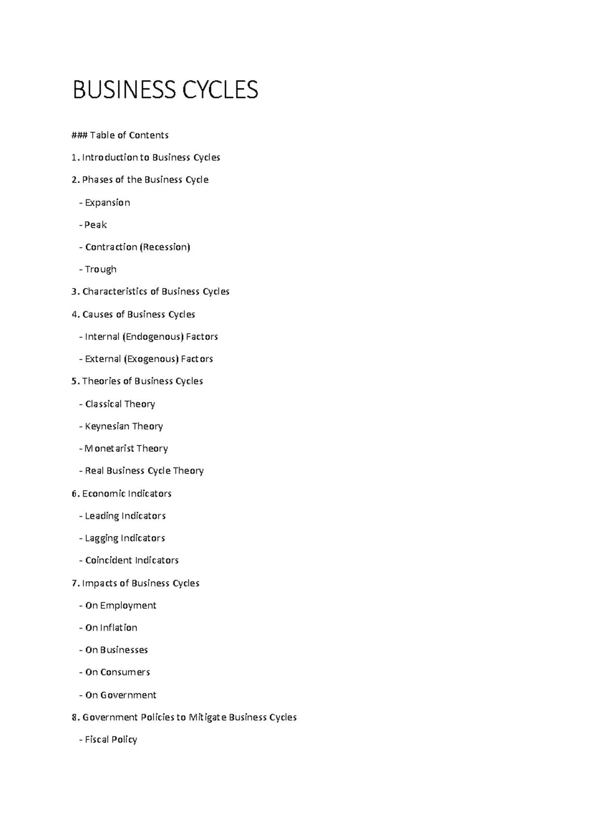 Business Cycles Notes Grade 12 - BUSINESS CYCLES Table of Contents ...