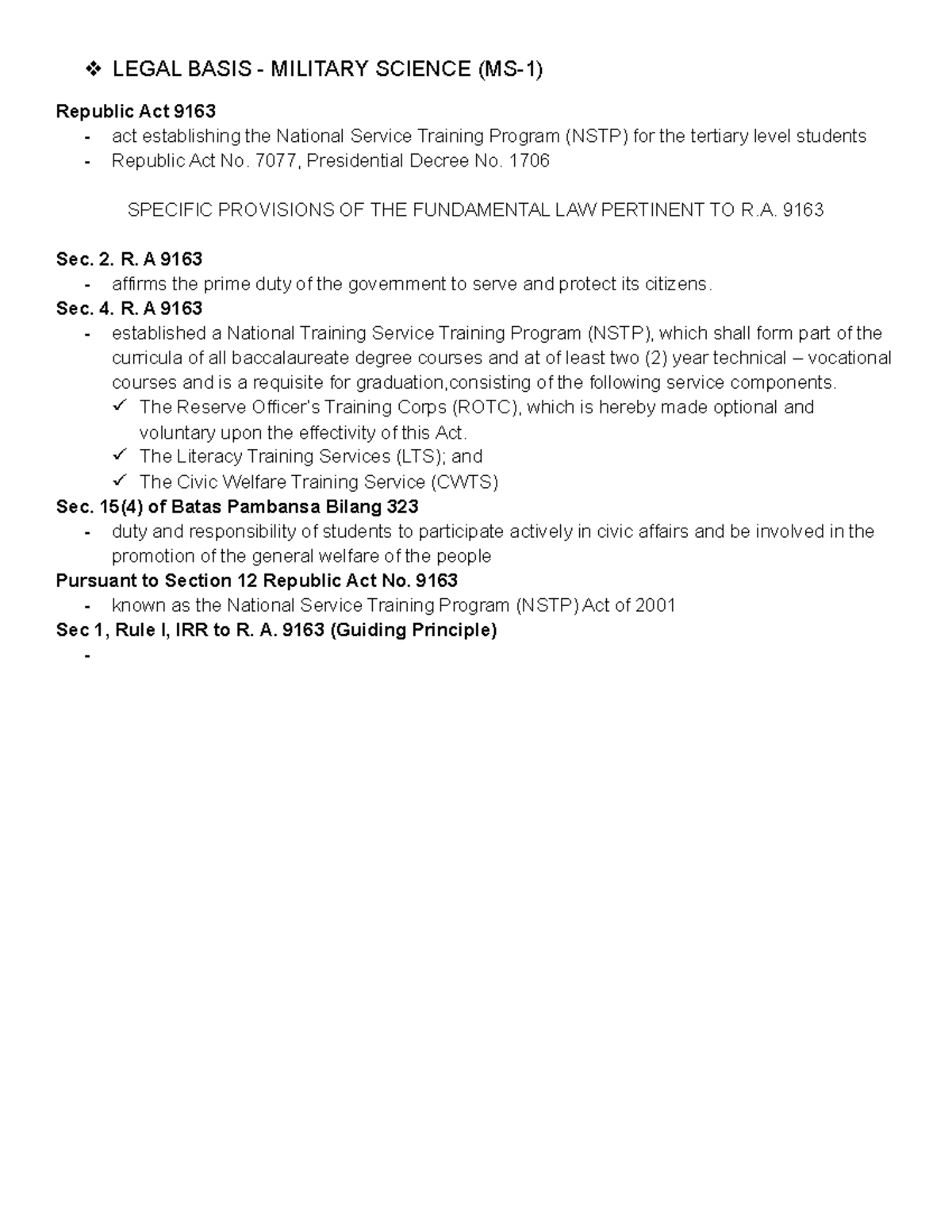 Legal Basis - dfdwd - LEGAL BASIS - MILITARY SCIENCE (MS-1) Republic ...