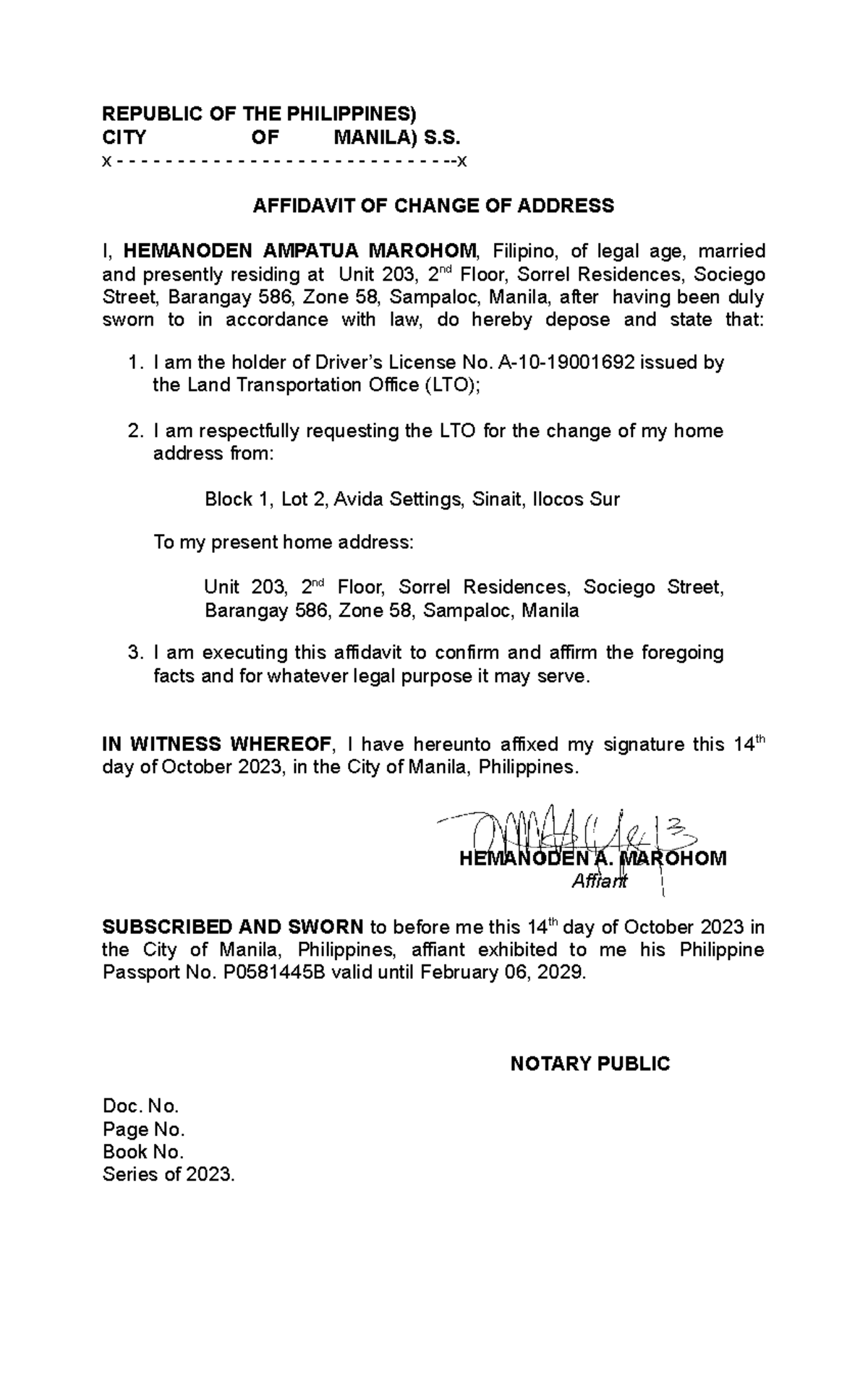 Marohom 202380075 - affidavit - REPUBLIC OF THE PHILIPPINES) CITY OF ...