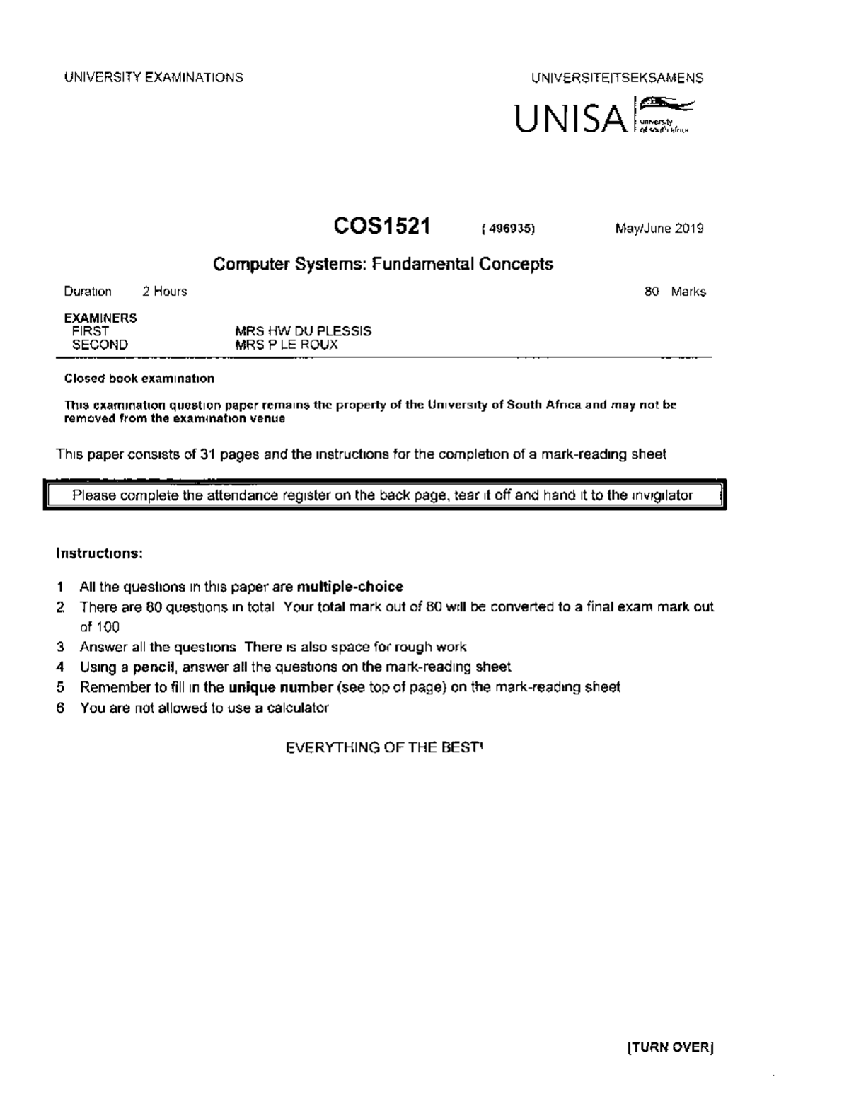 COS1521 2019 6 E Exam with solutions - COS1521 - Studocu