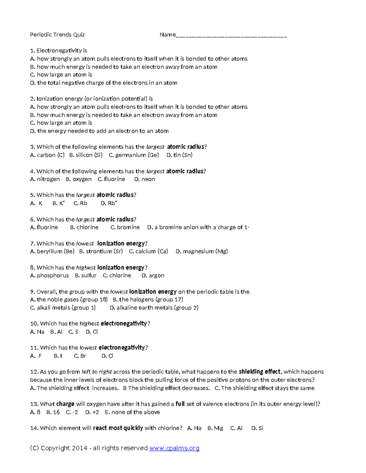 Periodic Trends review and key - Periodic Trends Quiz Name