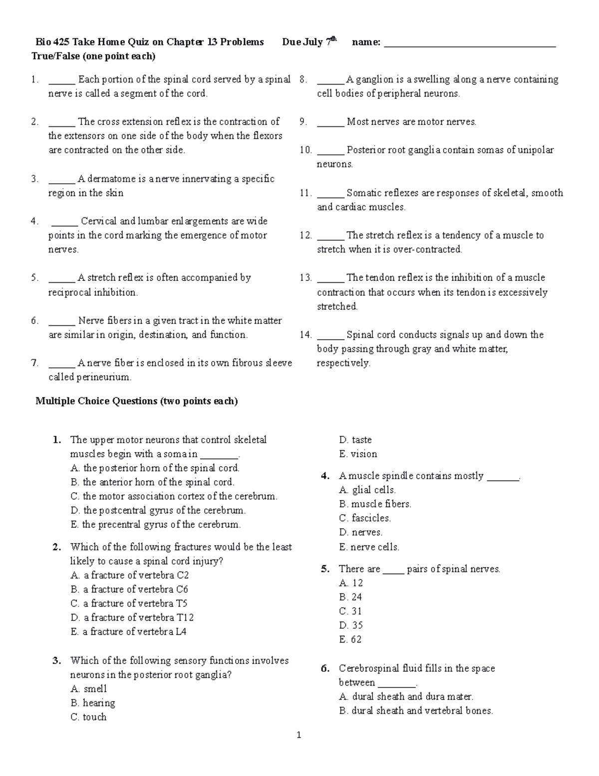 Bio425 Chapter 13Take Home Test 2 - Bio 425 Take Home Quiz on Chapter ...