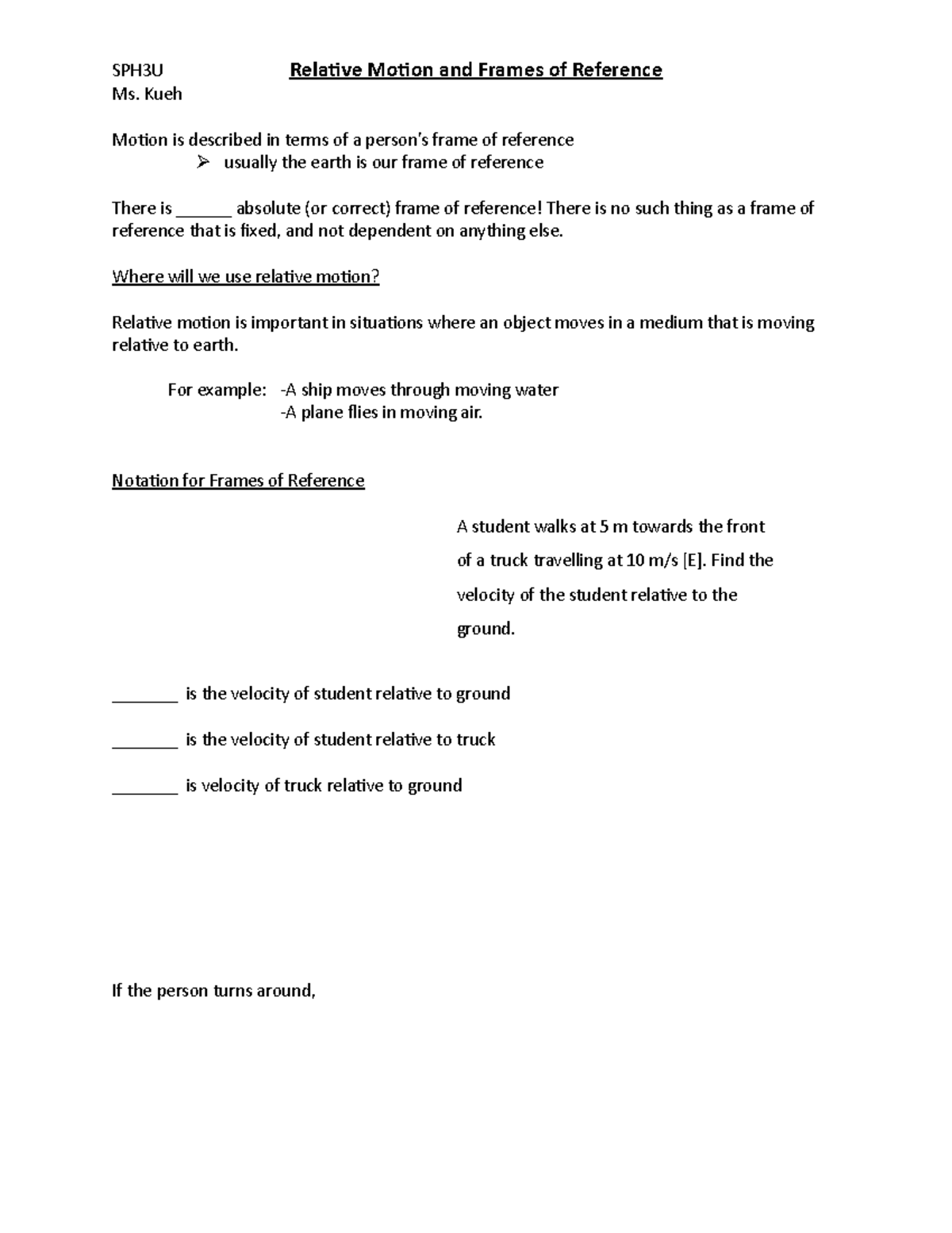 Lesson 11 relative motion - SPH3U Relative Motion and Frames of ...
