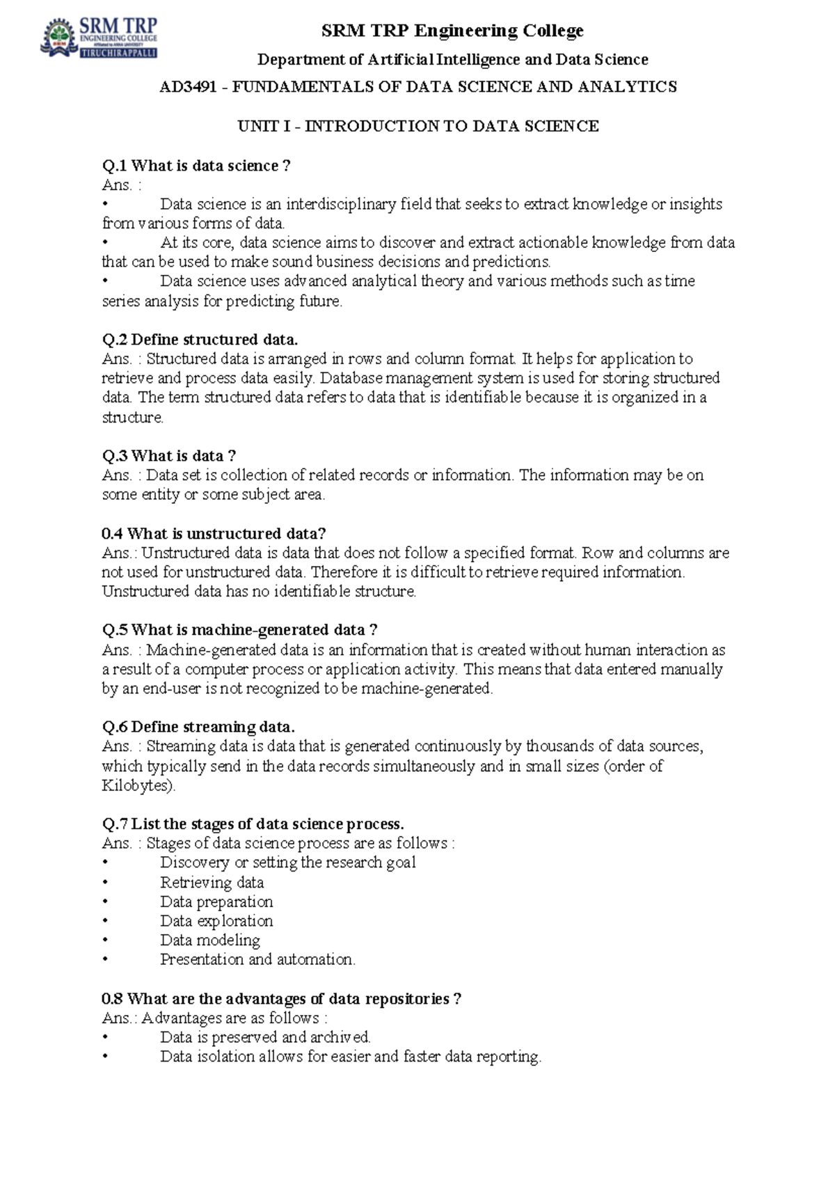 2 MARK Material - Department of Artificial Intelligence and Data Science AD3491 - FUNDAMENTALS ...