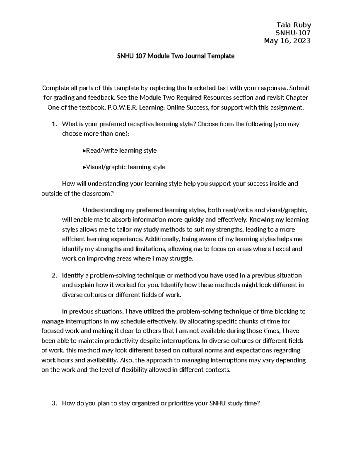 Mod 2 Journal Assignment: Understanding Learning Styles and Habits of ...
