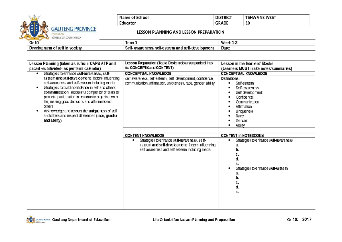 Lesson planning and lesson preparation gr 10 - 2019 - LESSON PLANNING ...