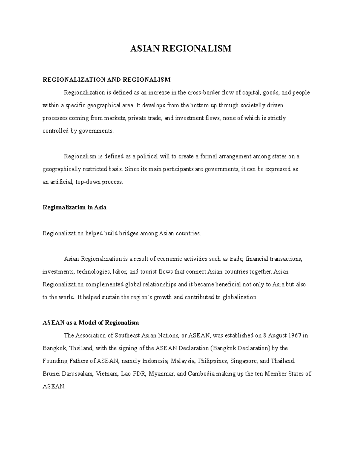 Asian Regionalism - ASIAN REGIONALISM REGIONALIZATION AND REGIONALISM ...