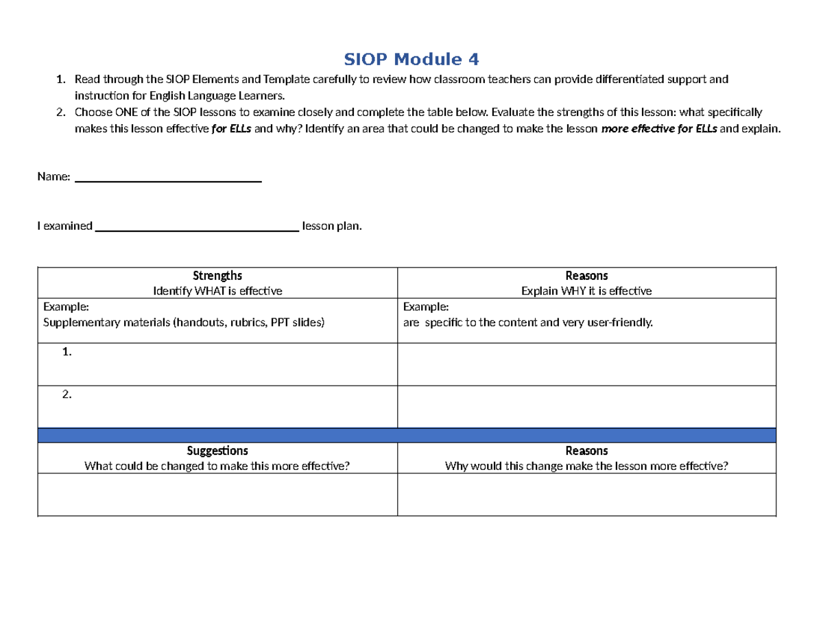 SIOP Module 4 Directions & Template - SIOP Module 4 1. Read through the ...