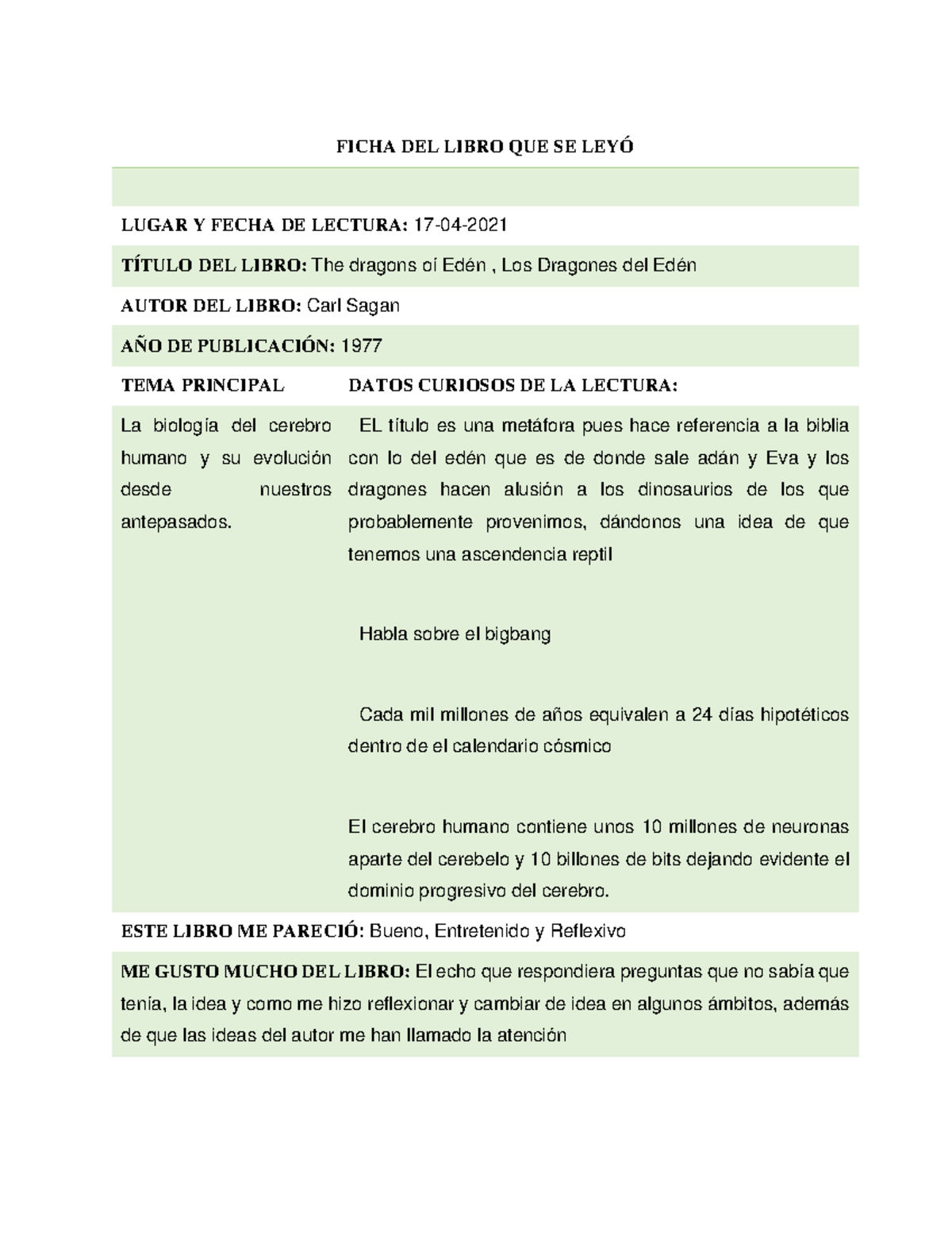 Los dragones del eden - Ficha Tecnica - FICHA DEL LIBRO QUE SE LEYÓ LUGAR Y FECHA DE LECTURA: 17 ...