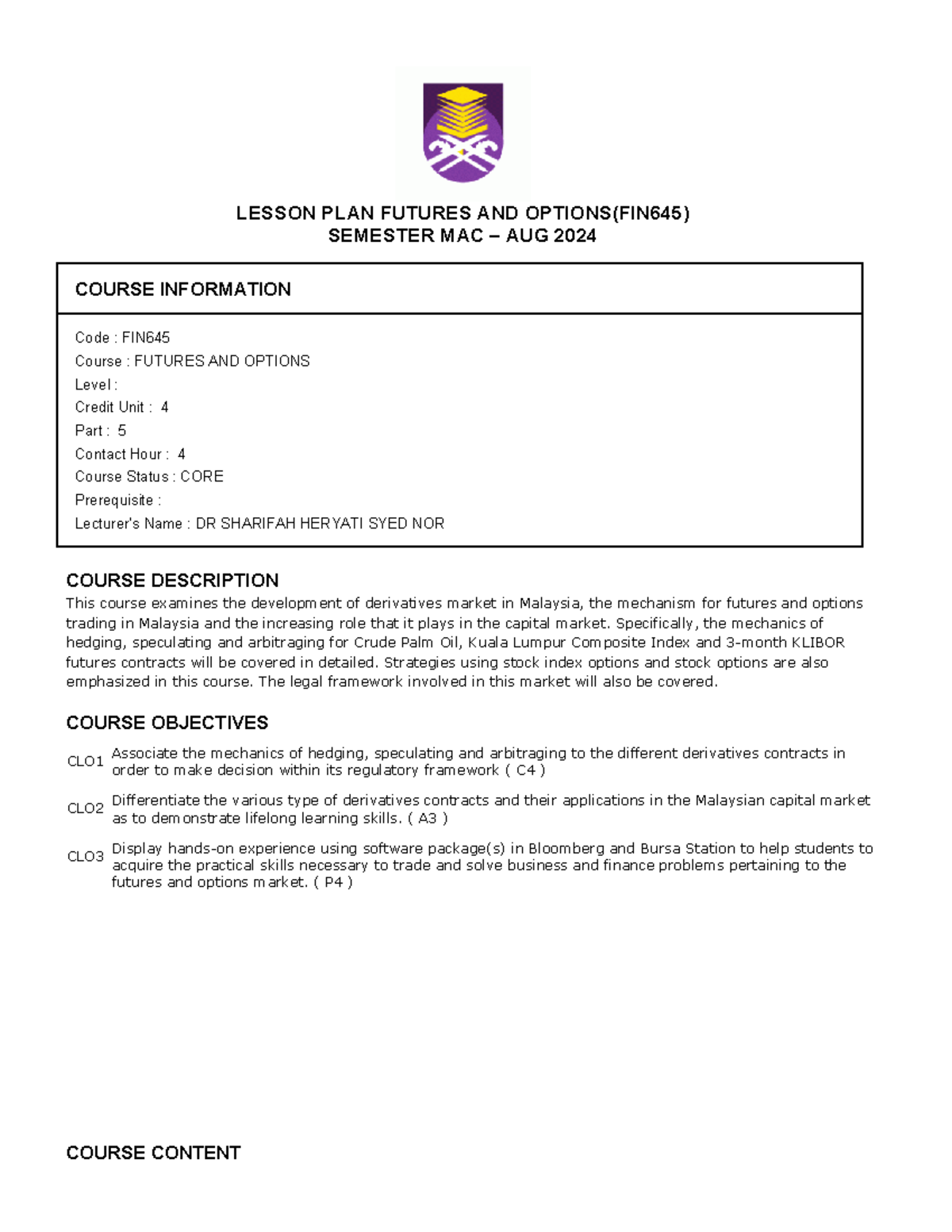 Lesson plan - LESSON PLAN FUTURES AND OPTIONS(FIN645) SEMESTER MAC ...