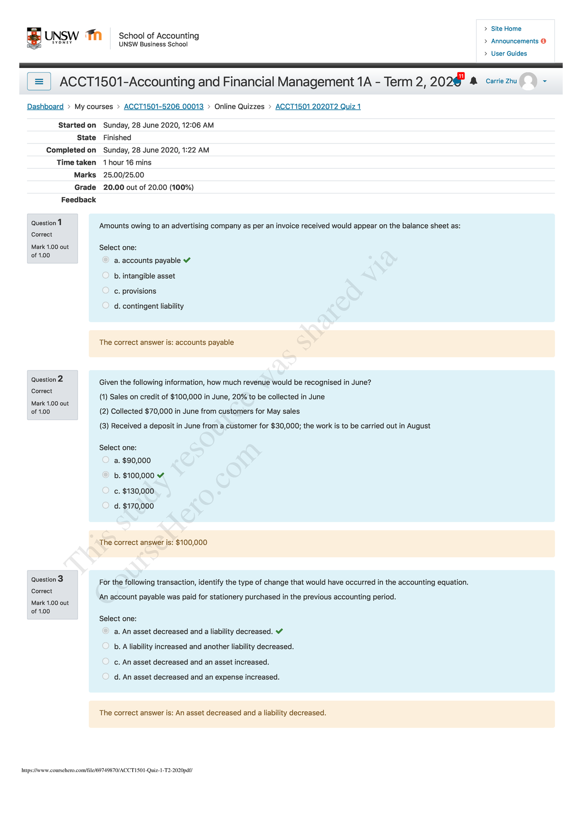 ACCT1501 Quiz 1 T2 2020 - quiz - Dashboard My courses ACCT1501-5206 ...