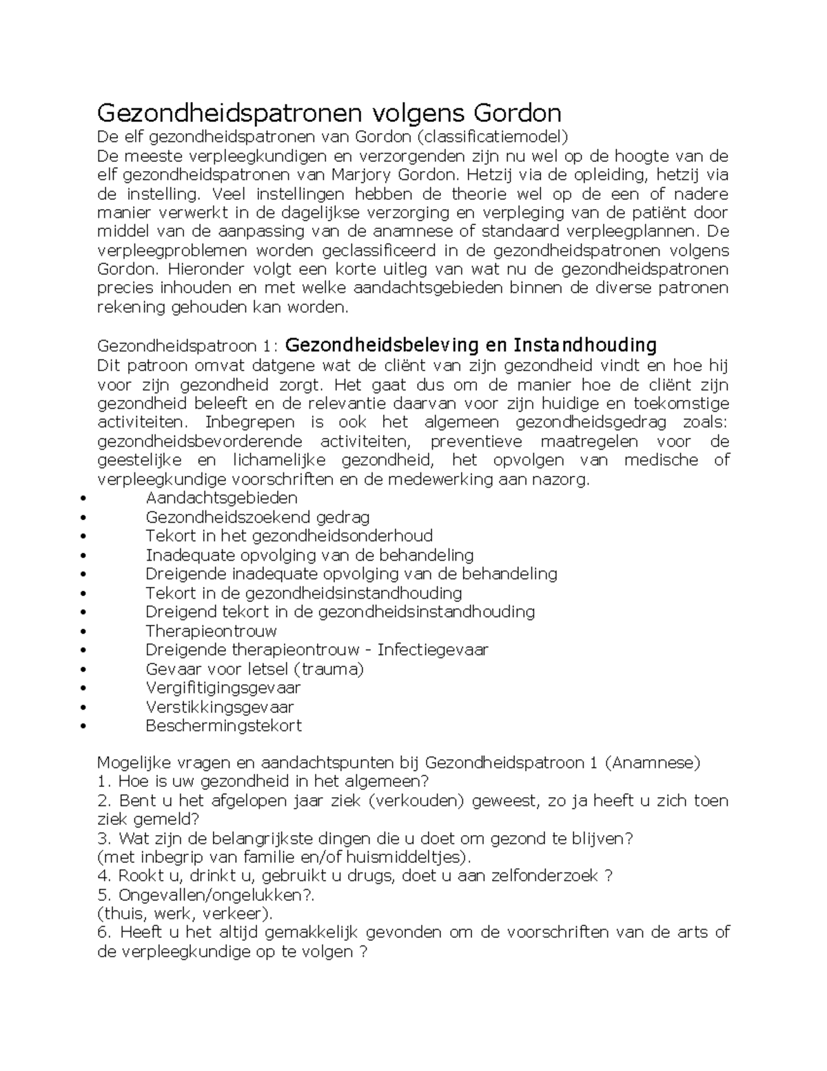 Gezondheidspatronen volgens Gordon toelichting - Gezondheidspatronen ...