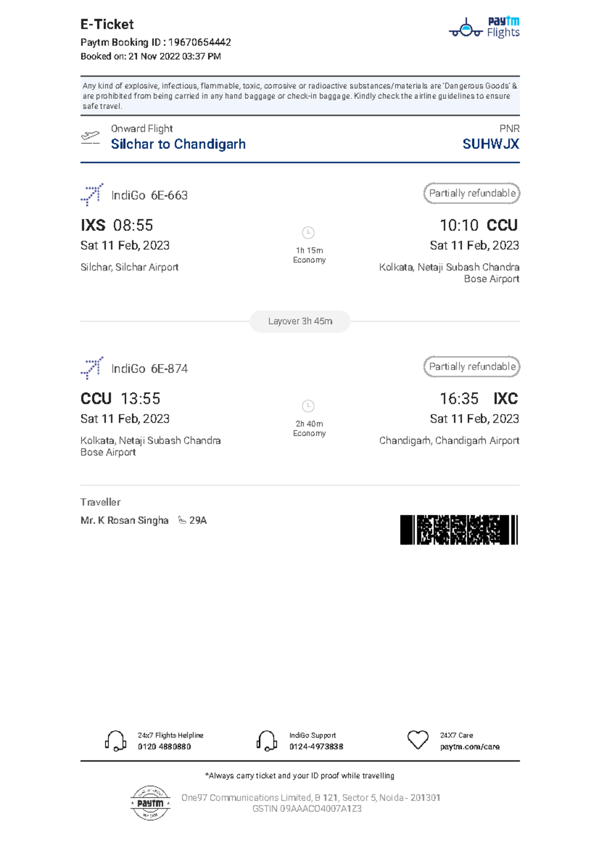 IXS IXC 11022023 19670654442 - E-Ticket Paytm Booking ID : 19670654442 ...