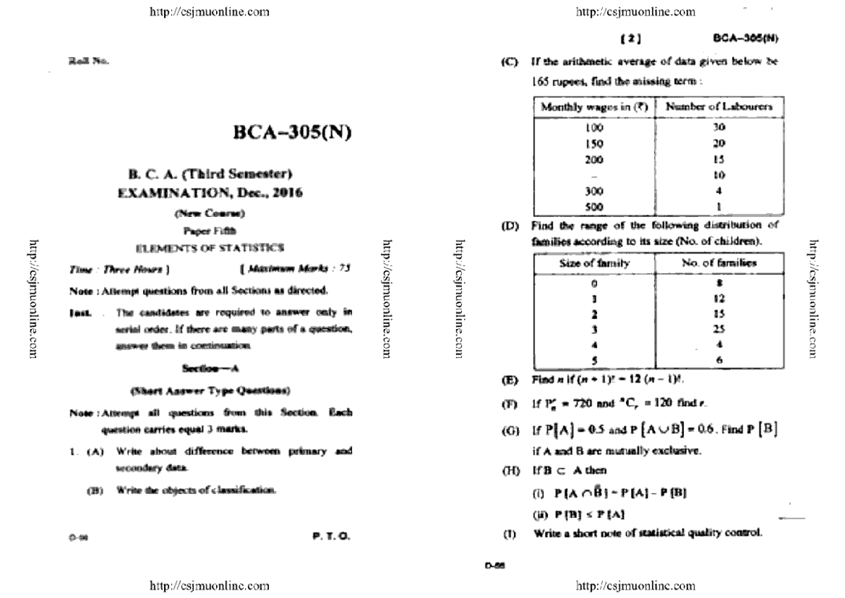 Bca 3 sem elements of statistics bca 305n dec 2016 - Mathematical ...