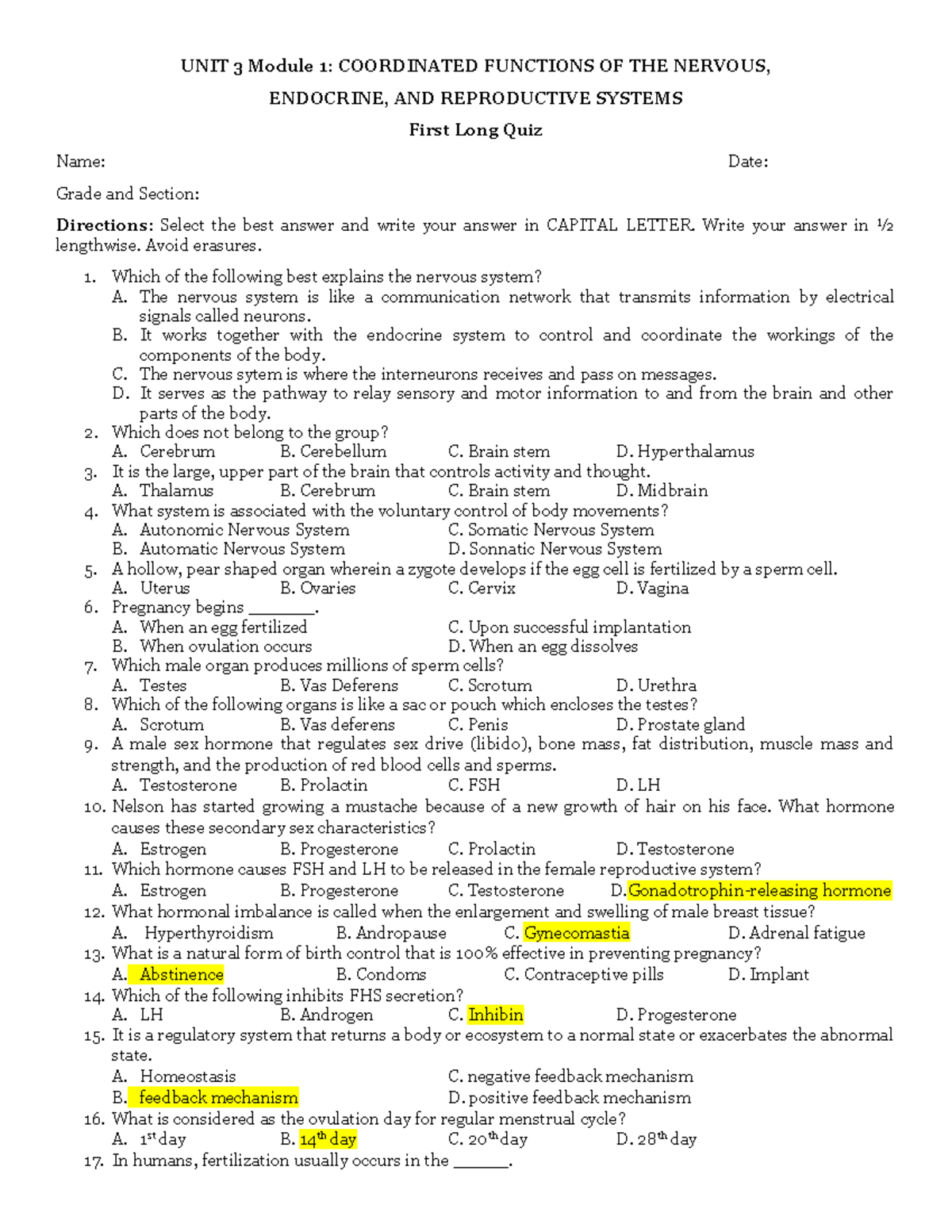 First Long Quiz Science - UNIT 3 Module 1: COORDINATED FUNCTIONS OF THE ...