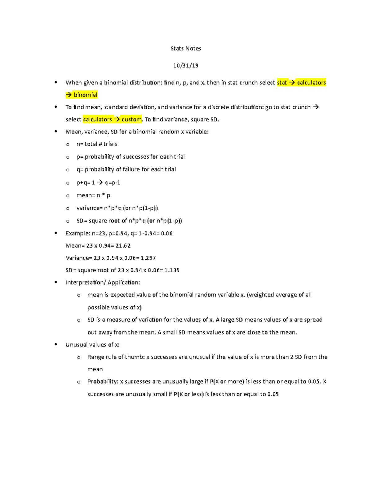 Stats Notes 0ct 31 2019 - MAT 115 - Stats Notes 10/31/ When given a ...