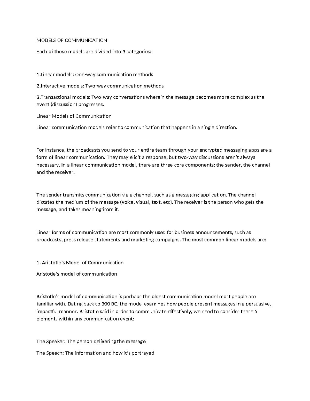 Models OF Communication - MODELS OF COMMUNICATION Each of these models ...