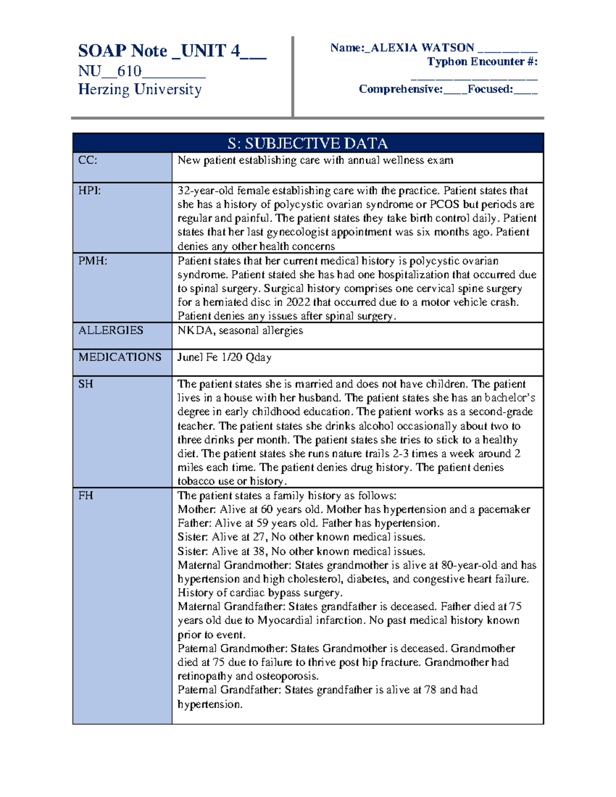 SOAPP note UNIT 4 Awatson - SOAP Note _UNIT 4 ___ NU__ 610 ...