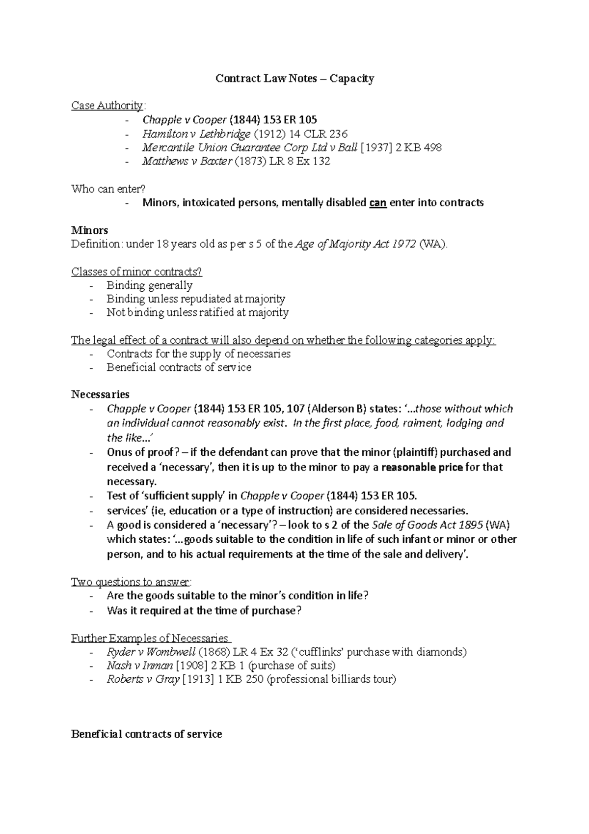 Contract Law Notes Capacity - Studocu