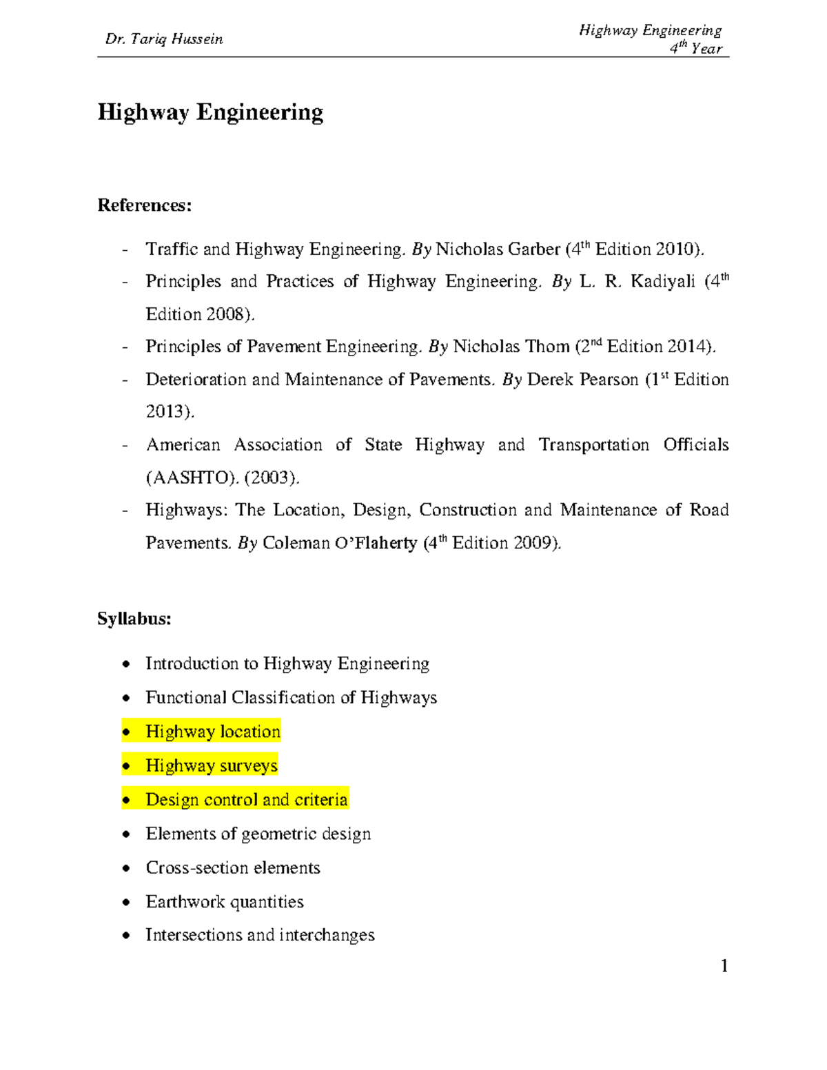 Highway - By Nicholas Garber (4th Edition 2010). Principles and ...