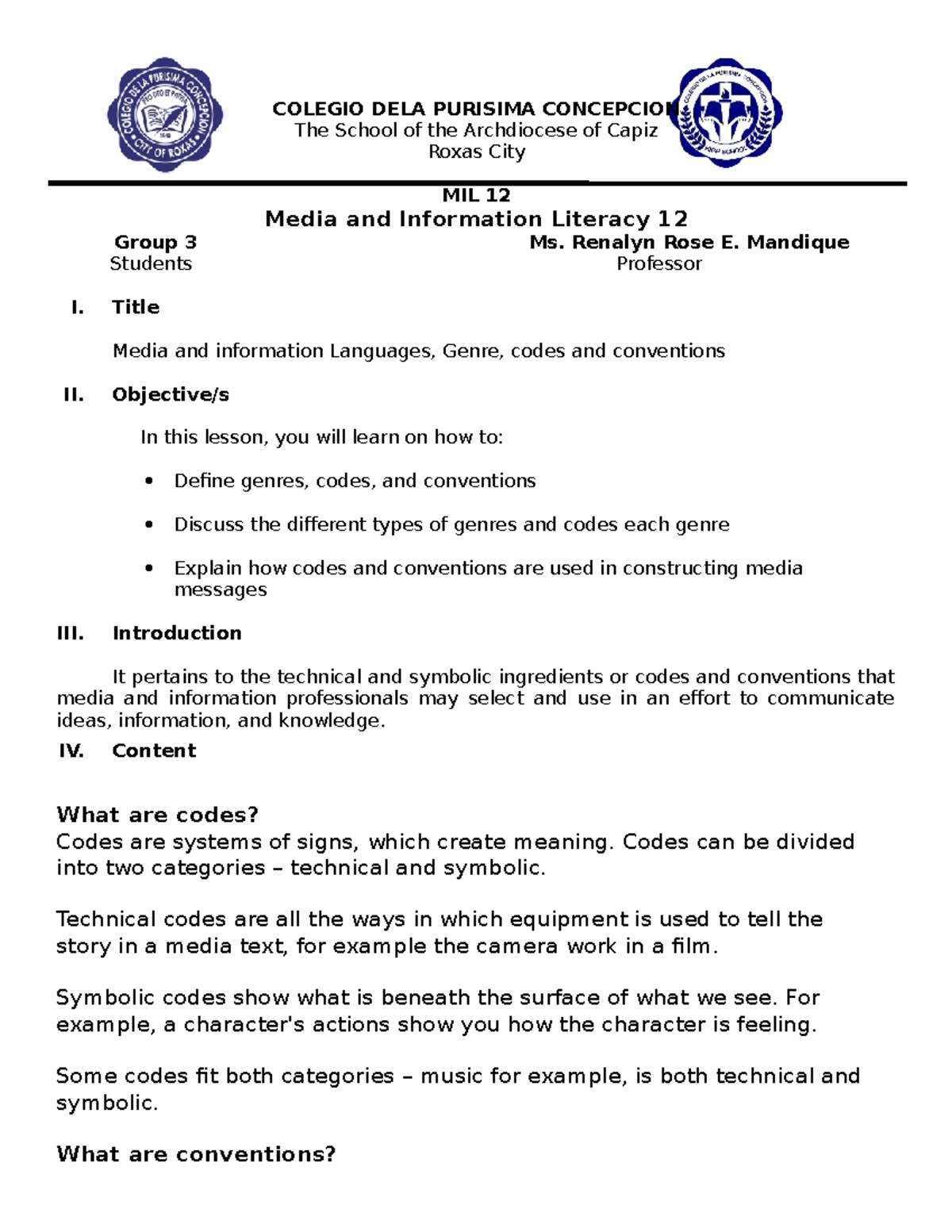 Report Outline MIL 12 - huh/ - COLEGIO DELA PURISIMA CONCEPCION The ...