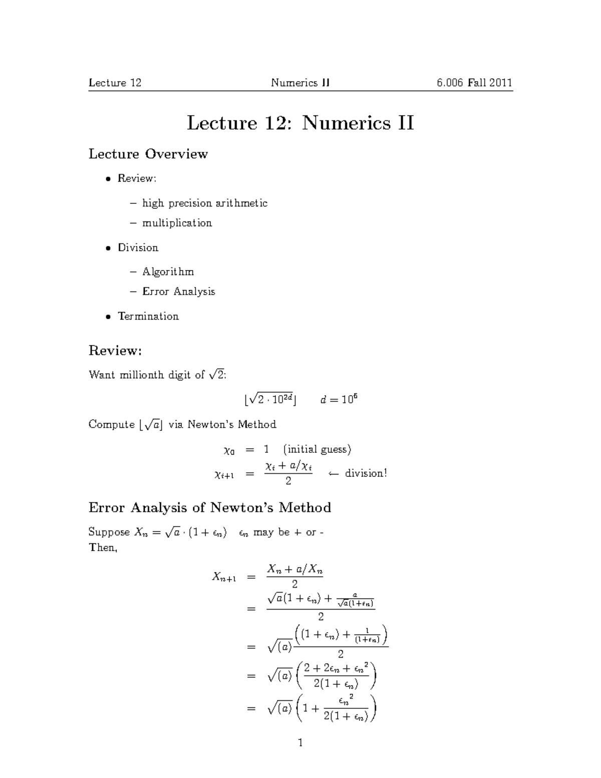 Lecture 12- Numerics II - Lecture 12: Numerics II Lecture Overview ...