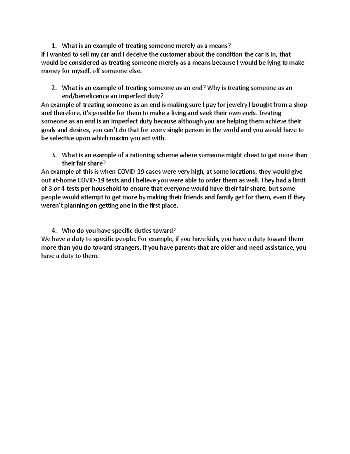 O'Niell questions - What is an example of treating someone merely as a ...