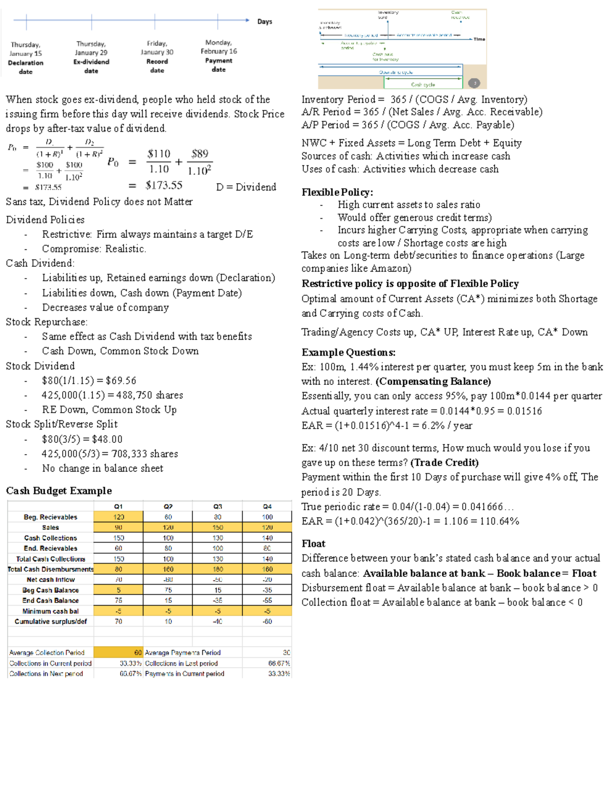 Crib Sheet 2 - Summary Managerial Finance - When stock goes ex-dividend ...