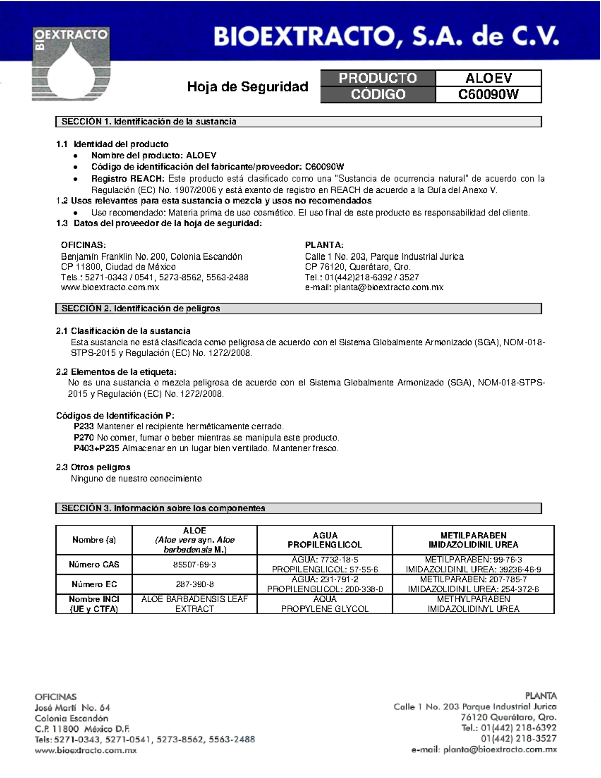 Aloev-hs - Aloe vera hoja de seguridad - Hoja de Seguridad CÓDIGO C60090W SECCIÓN 1 ...