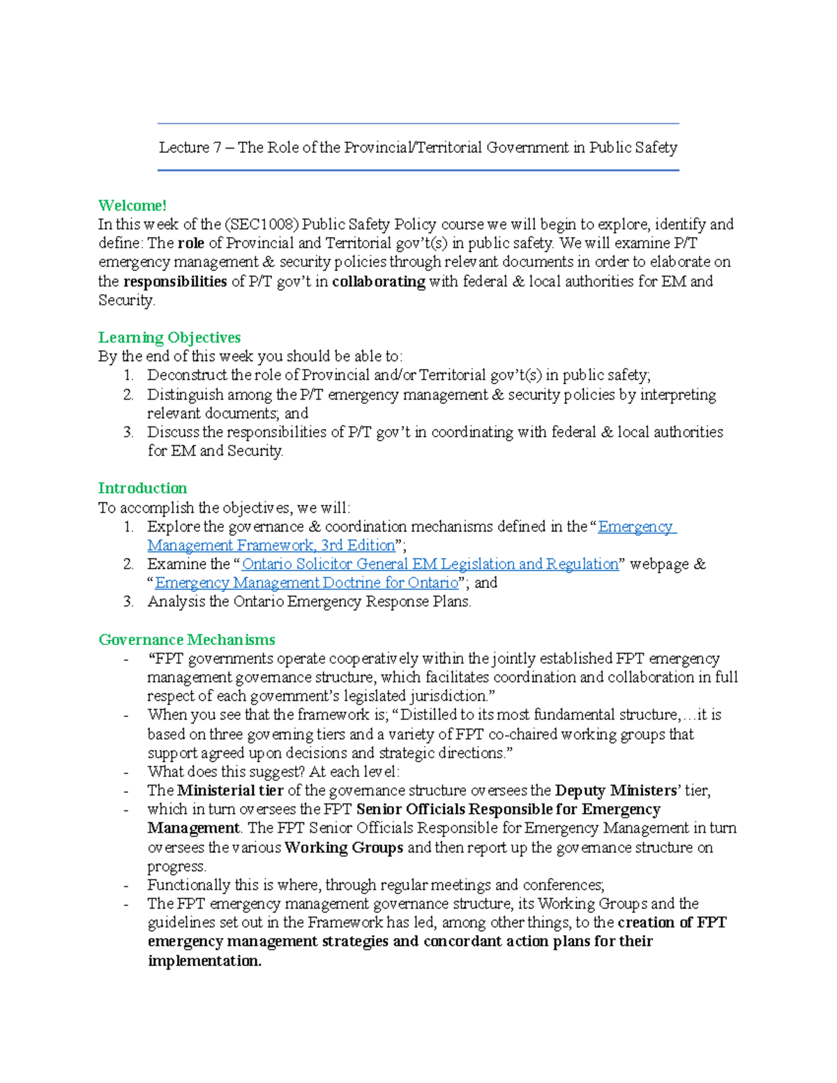 Lecture 7 – The Role of the Provincial and Territorial Government in ...