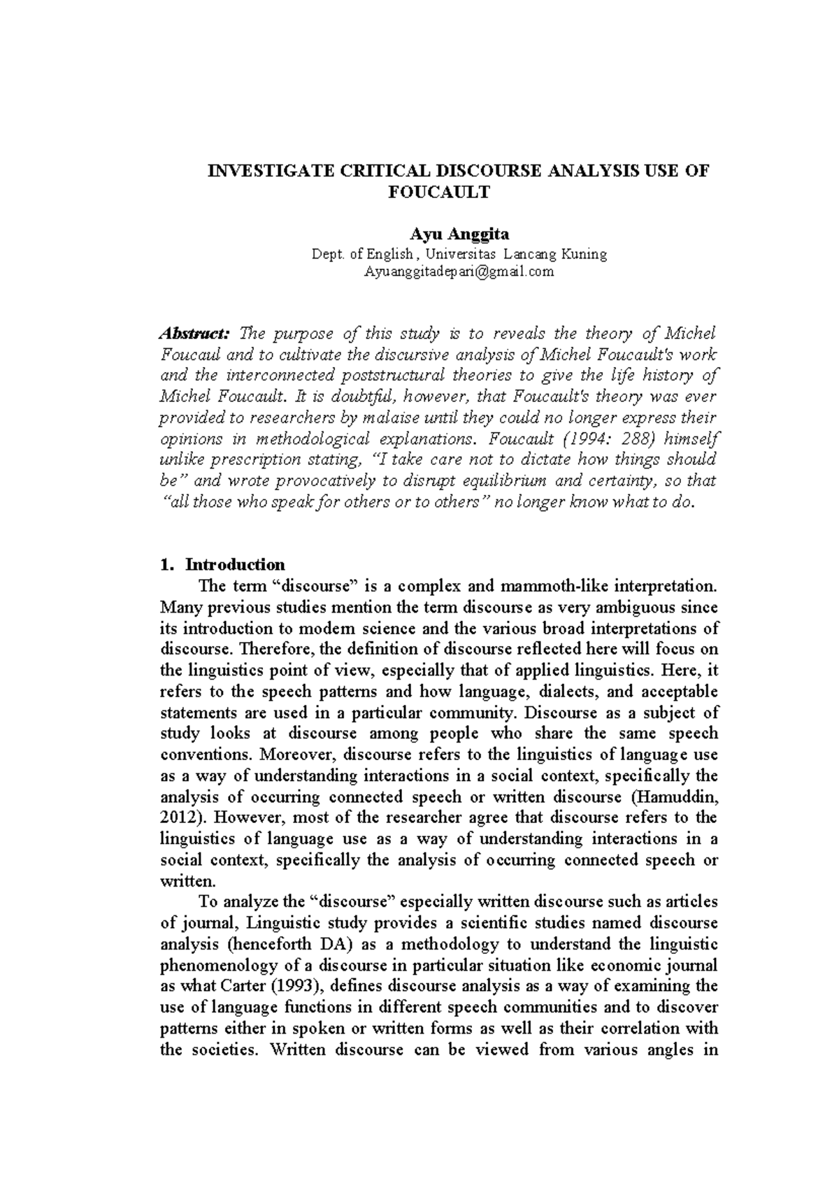 Investigate Critical Discourse Analysis USE OF Foucault - INVESTIGATE ...
