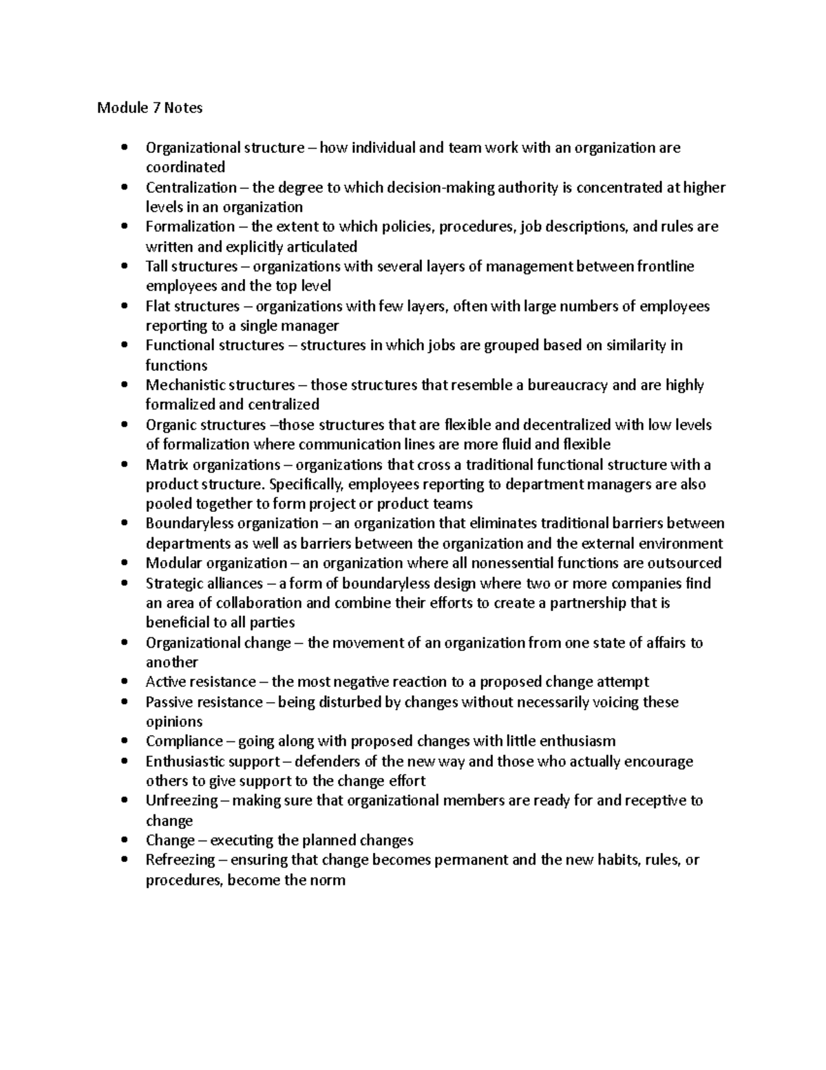 Module 7 Notes - Module 7 Notes Organizational structure – how ...