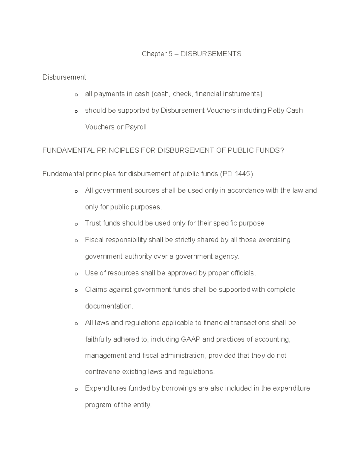Chapter 5 – Disbursements - Chapter 5 – DISBURSEMENTS Disbursement o ...