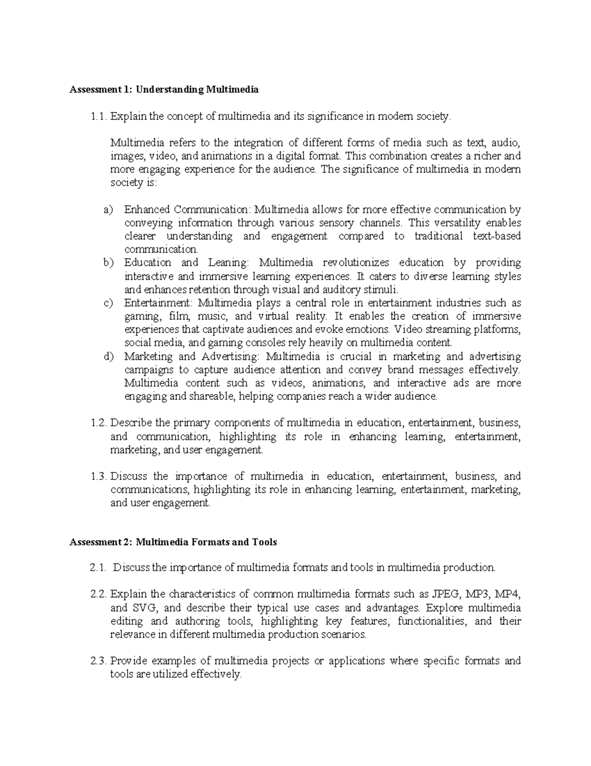 Assessment - Multimedia - Assessment 1: Understanding Multimedia 1 ...