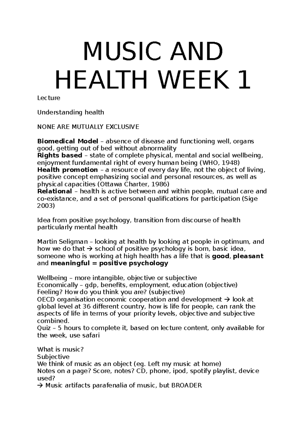 Music AND Health WEEK 1 - Lecture notes 1-2 - MUSIC AND HEALTH WEEK 1 ...