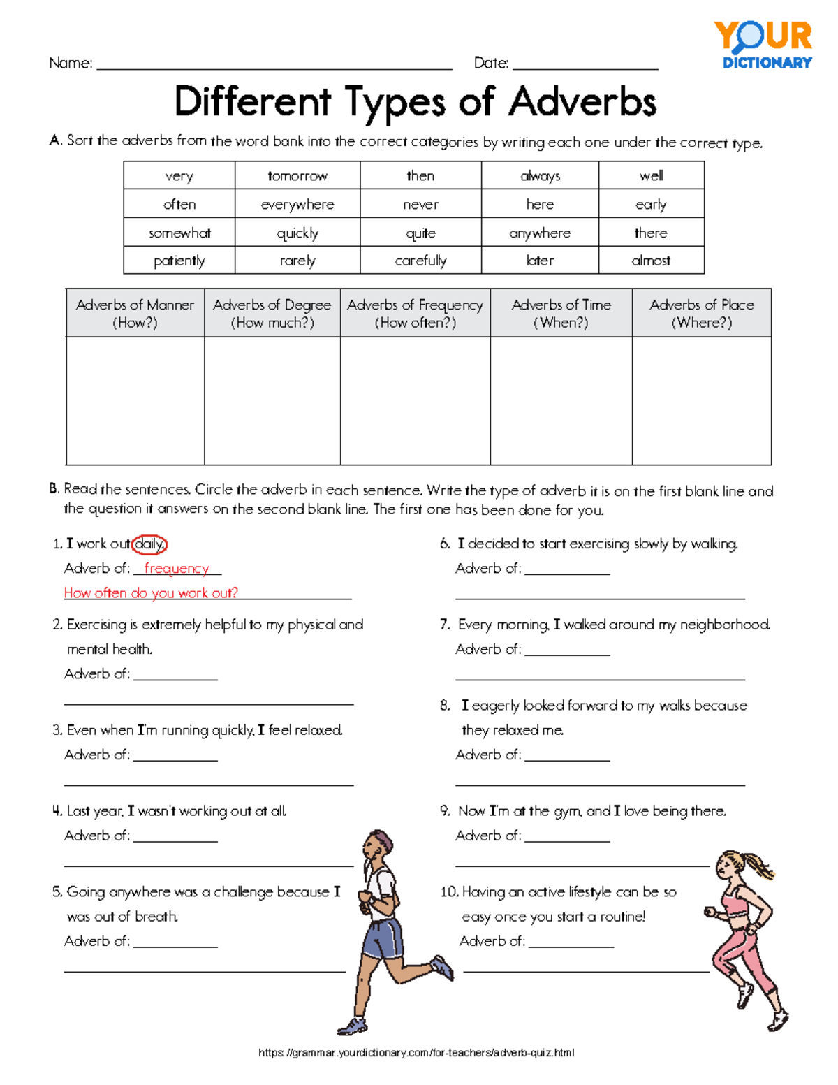 Different Types Adverbs Quiz - A. Sort the adverbs from the word bank ...