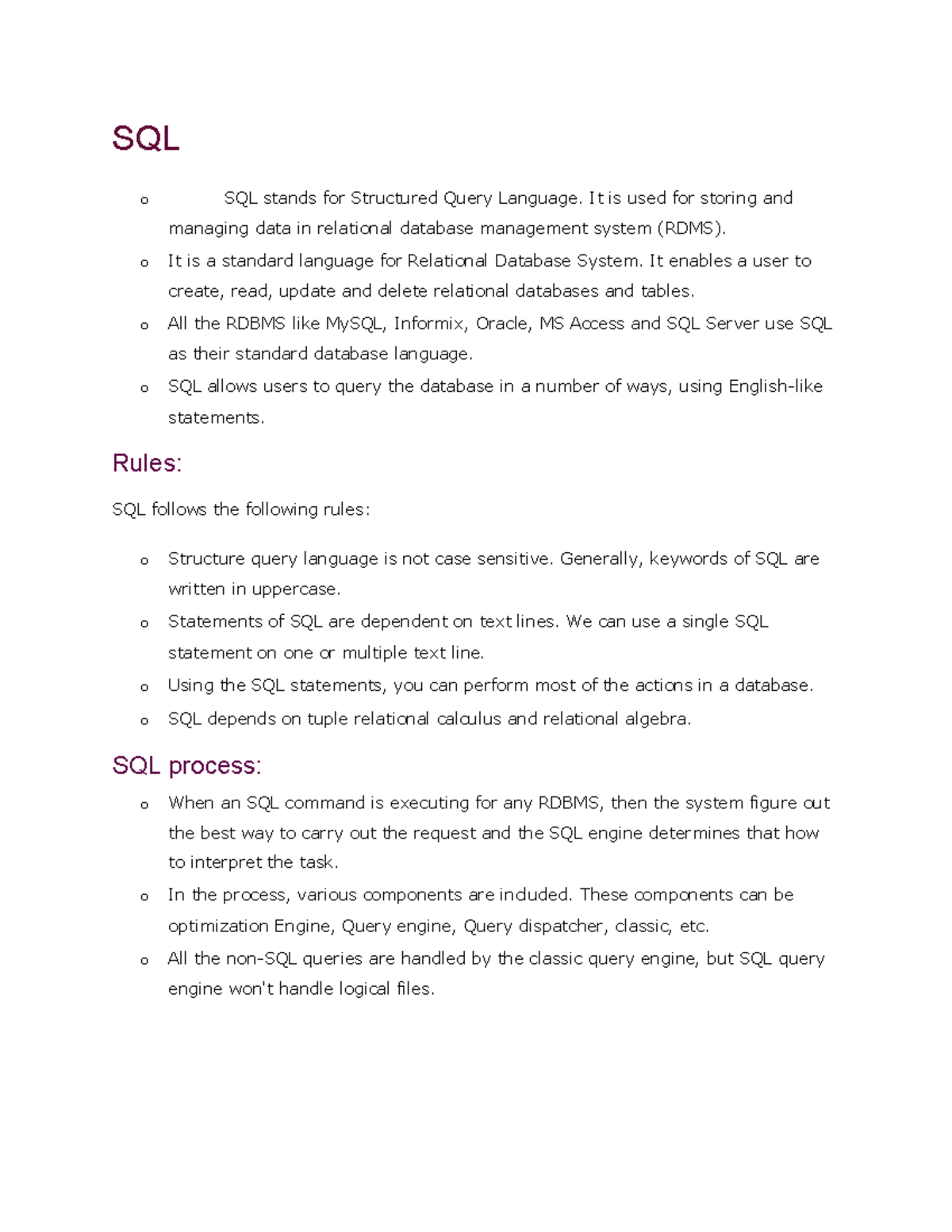 SQL - tutorials - SQL o SQL stands for Structured Query Language. It is used for storing and ...