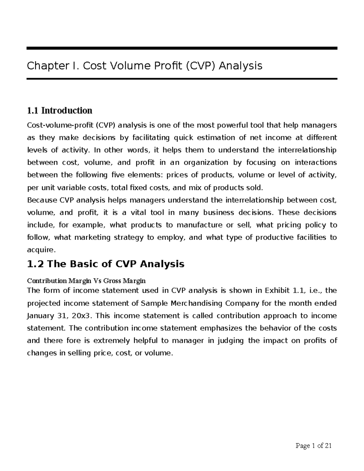 CVP-Re-Rev - fbcvbv - Chapter I. Cost Volume Profit (CVP) Analysis 1 Introduction 1 Introduction ...
