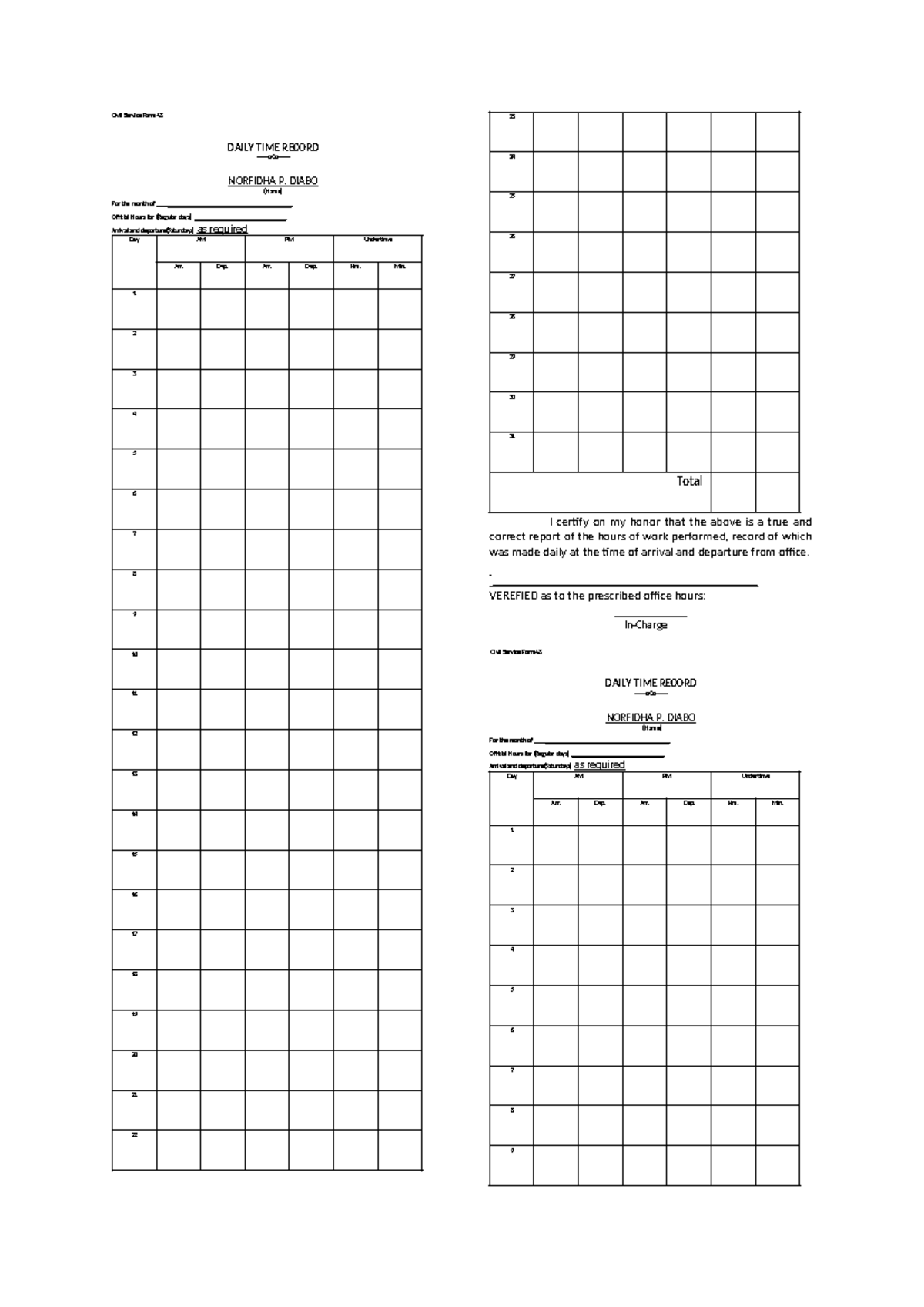 DTR Blank - DAILY TIME RECORD - Civil Service Form DAILY TIME RECORD ...